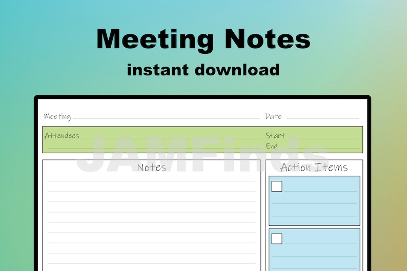 Meeting Notes Template Printable, Blue, Green, Business Note Taking ...