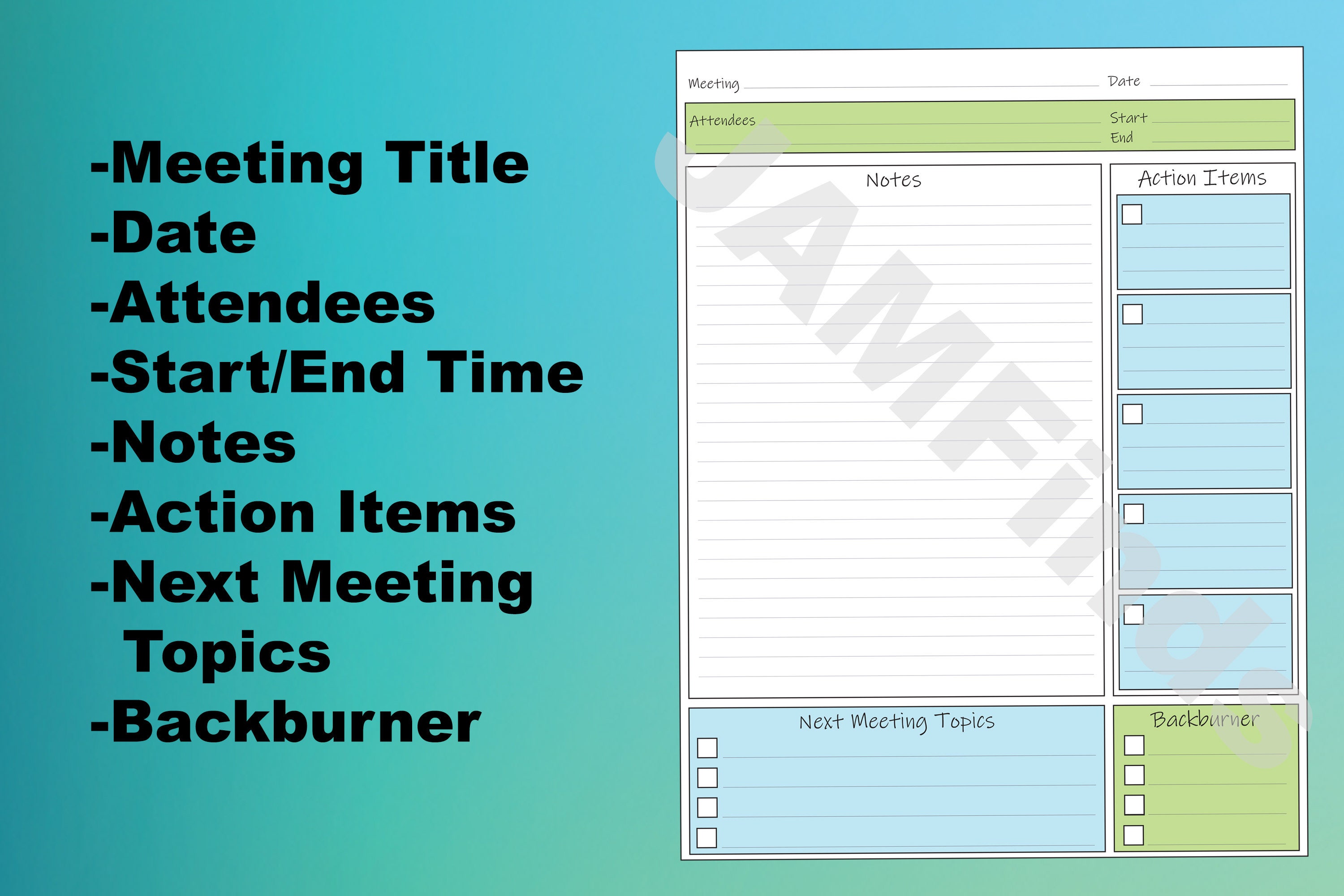 Meeting Notes Template Printable, Blue, Green, Business Note Taking ...