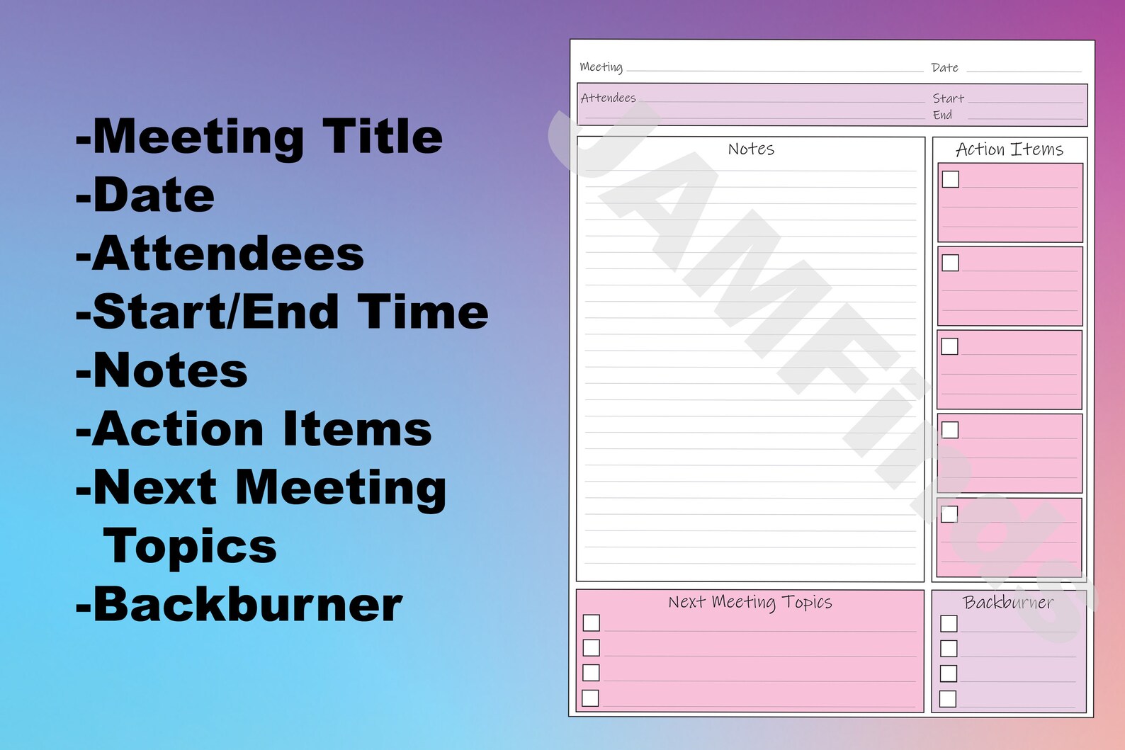 Meeting Notes Template Printable, Pink, Purple, Business Note Taking ...