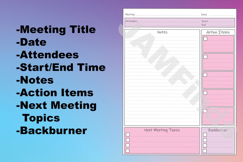 Meeting Notes Template Printable, Pink, Purple, Business Note Taking ...
