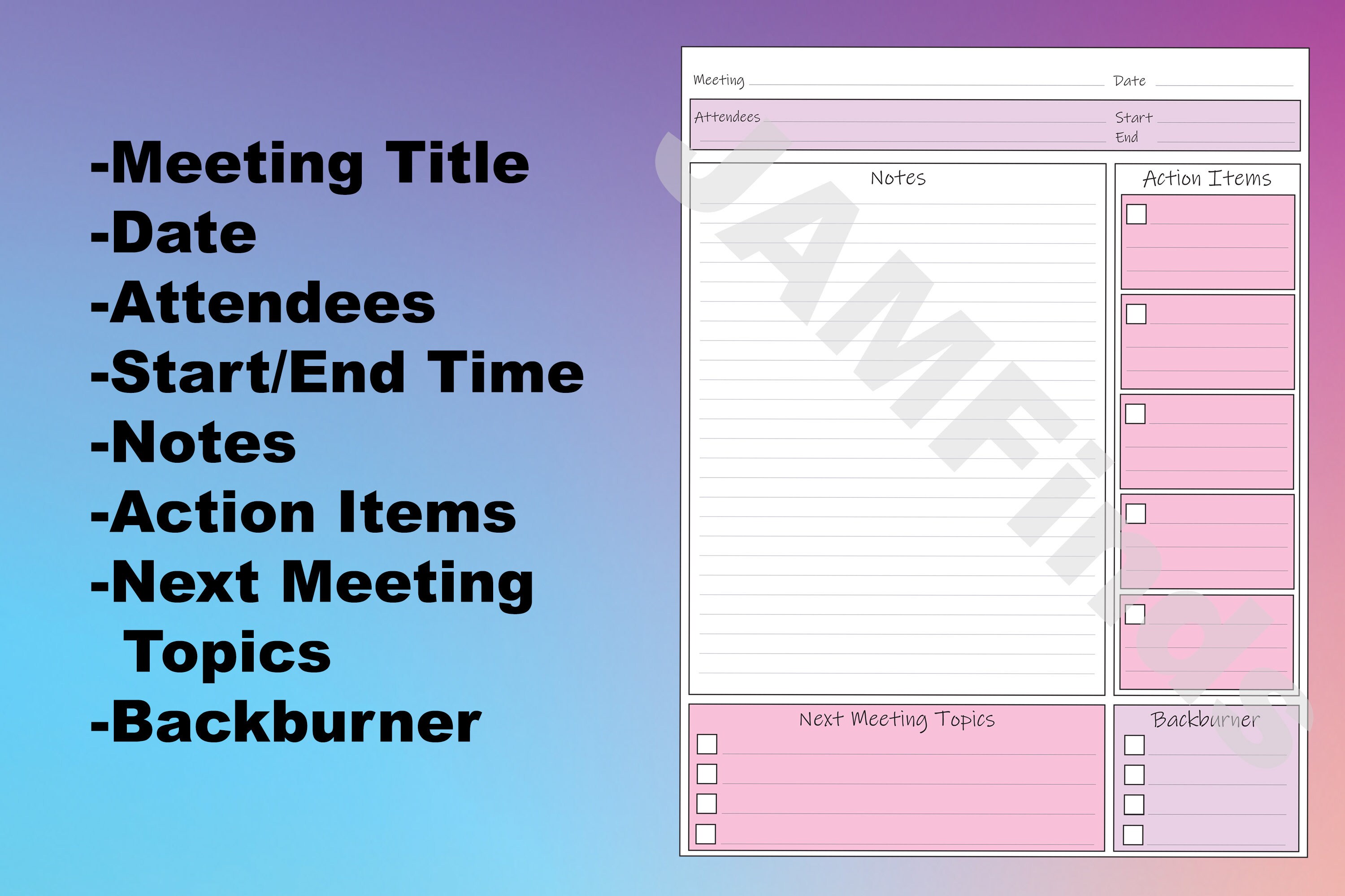 Meeting Notes Template Printable, Pink, Purple, Business Note Taking ...