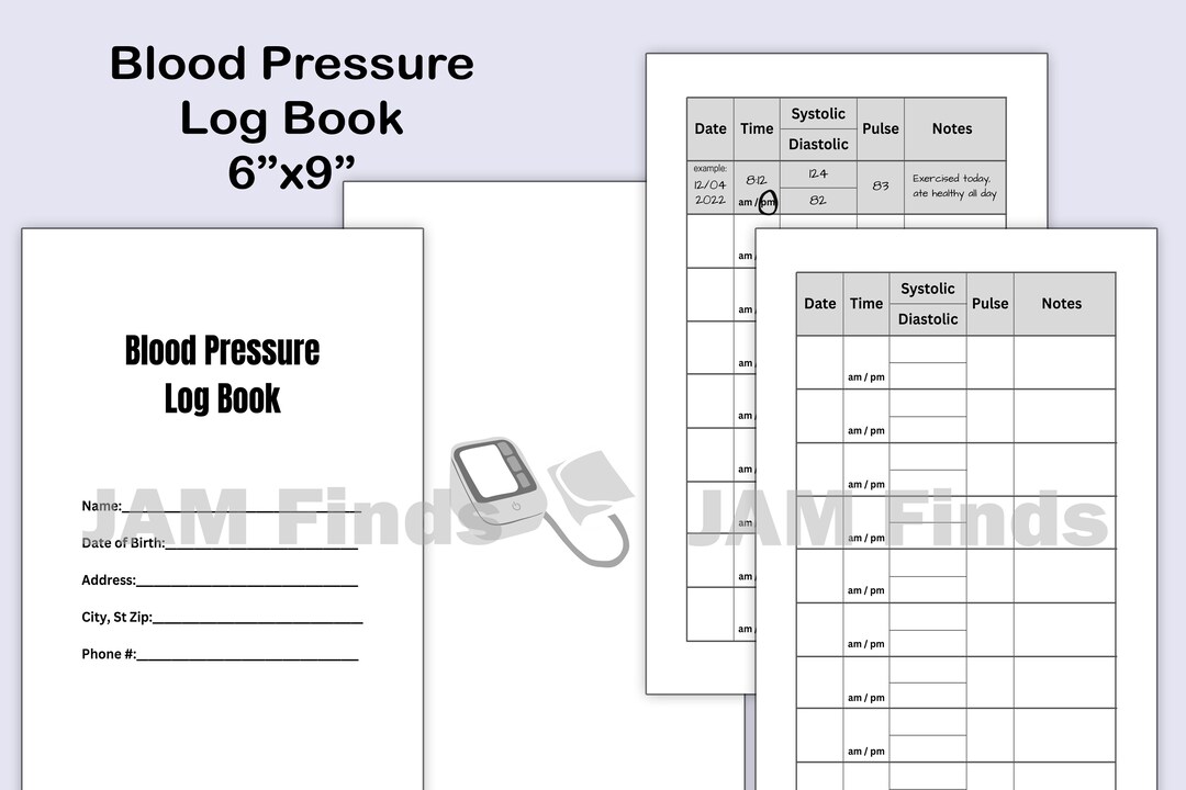Blood Pressure Log, Pulse, Vitals, Journal, 6"x9", Notes, PDF, Instant ...