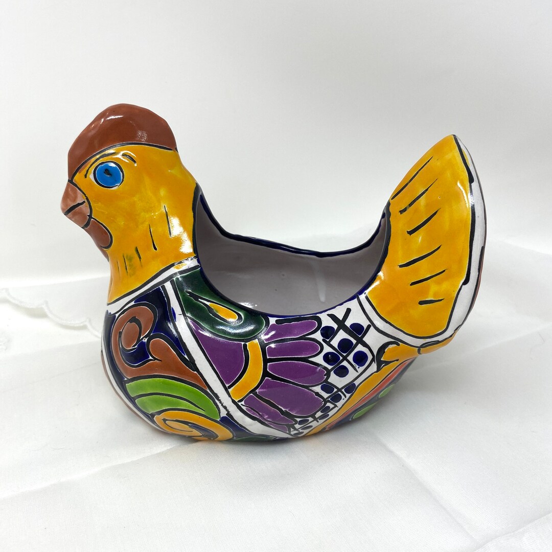 Mexican Pottery Chicken Planter, Vintage Colorful Hen Flower Pot, Multi ...