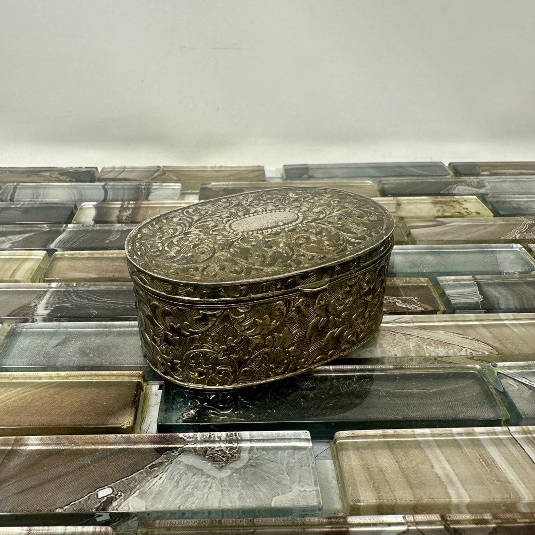 Oval Silver Plate Jewelry Box 3 1/2, Vintage Red Velvet Lined Trinket ...