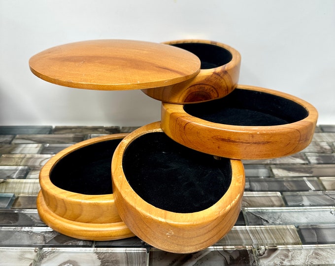 Oval Wood Tiered Jewelry Box, Vintage 4 Swivel Compartment Trinket Box ...