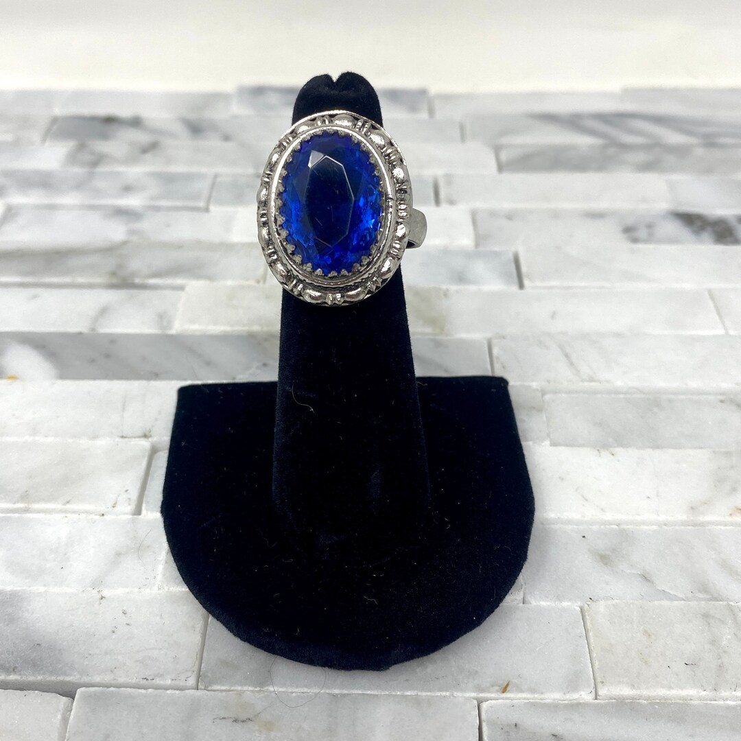 Whiting & Davis Silver Tone Blue Glass Ring Size 4 1/4, Vintage 1960s ...