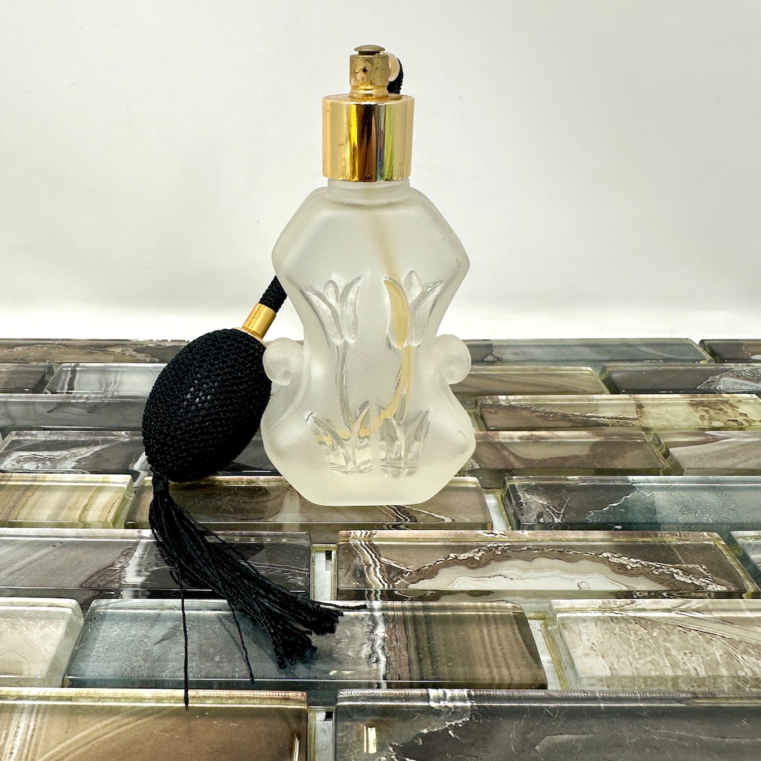 Frosted Glass Floral Perfume Bottle Atomizer Black Bulb, Vintage Violin ...