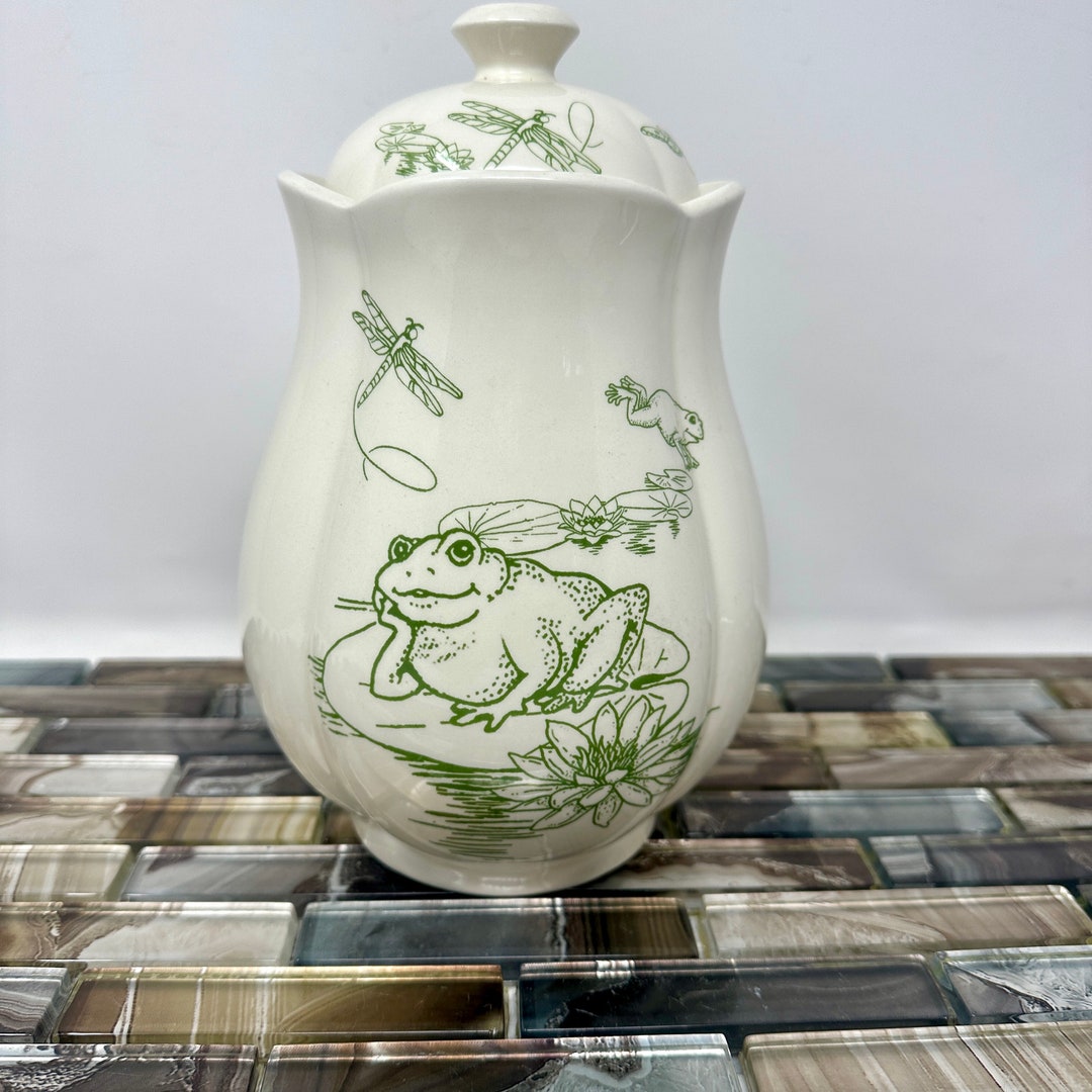 J Willfred Frog Toile Canister 9", Sadek Import Vintage Medium Lidded ...