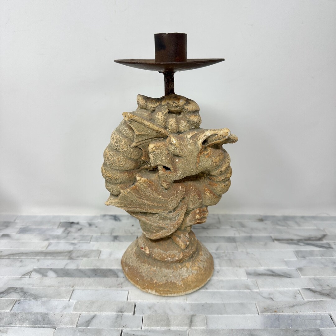 Sandcast Dragon Candlestick Holder, Vintage Brown Beige Winged Dragon ...