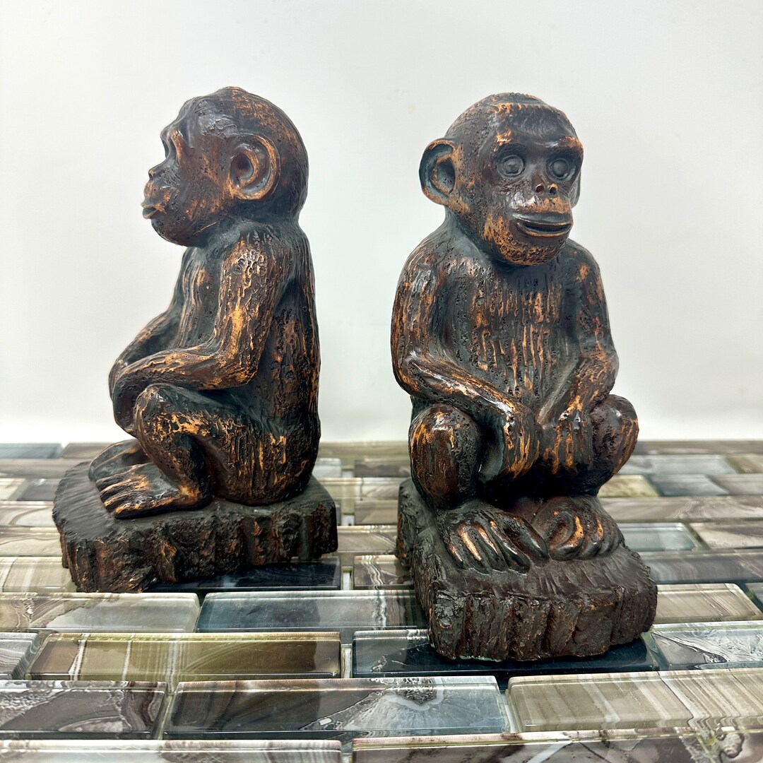 Heavy Monkey Sitting Bookends Pair, Vintage Resin Bookends Copper ...