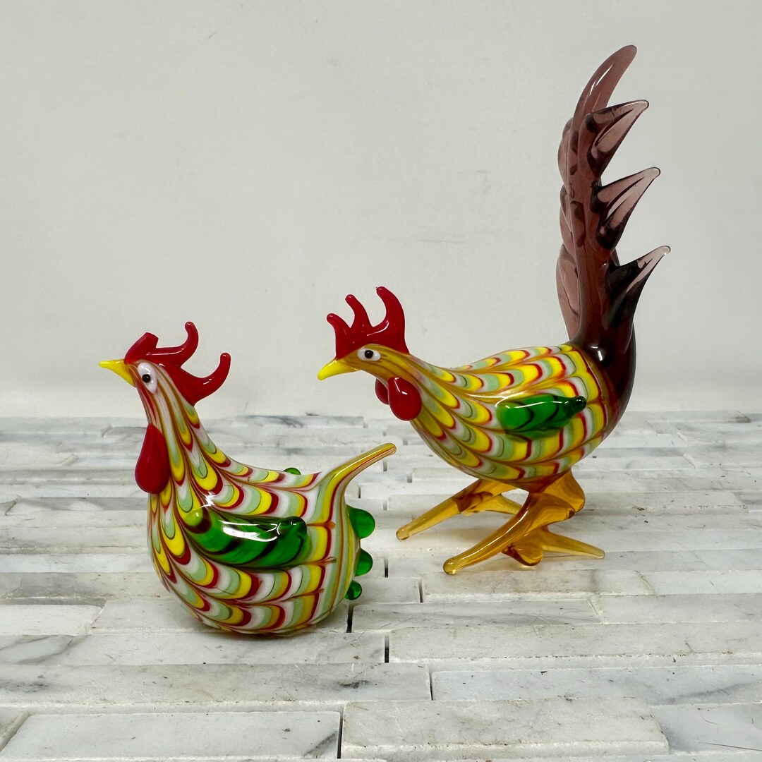 Lenox Barnyard Brilliance Blown Glass Rooster Chicken Pair Miniature ...