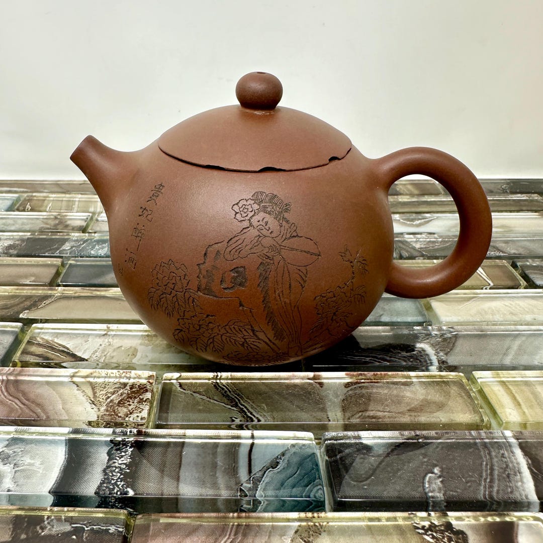Brown Chinese Yixing Zisha Pottery Teapot Etched Geisha, Vintage Fan ...