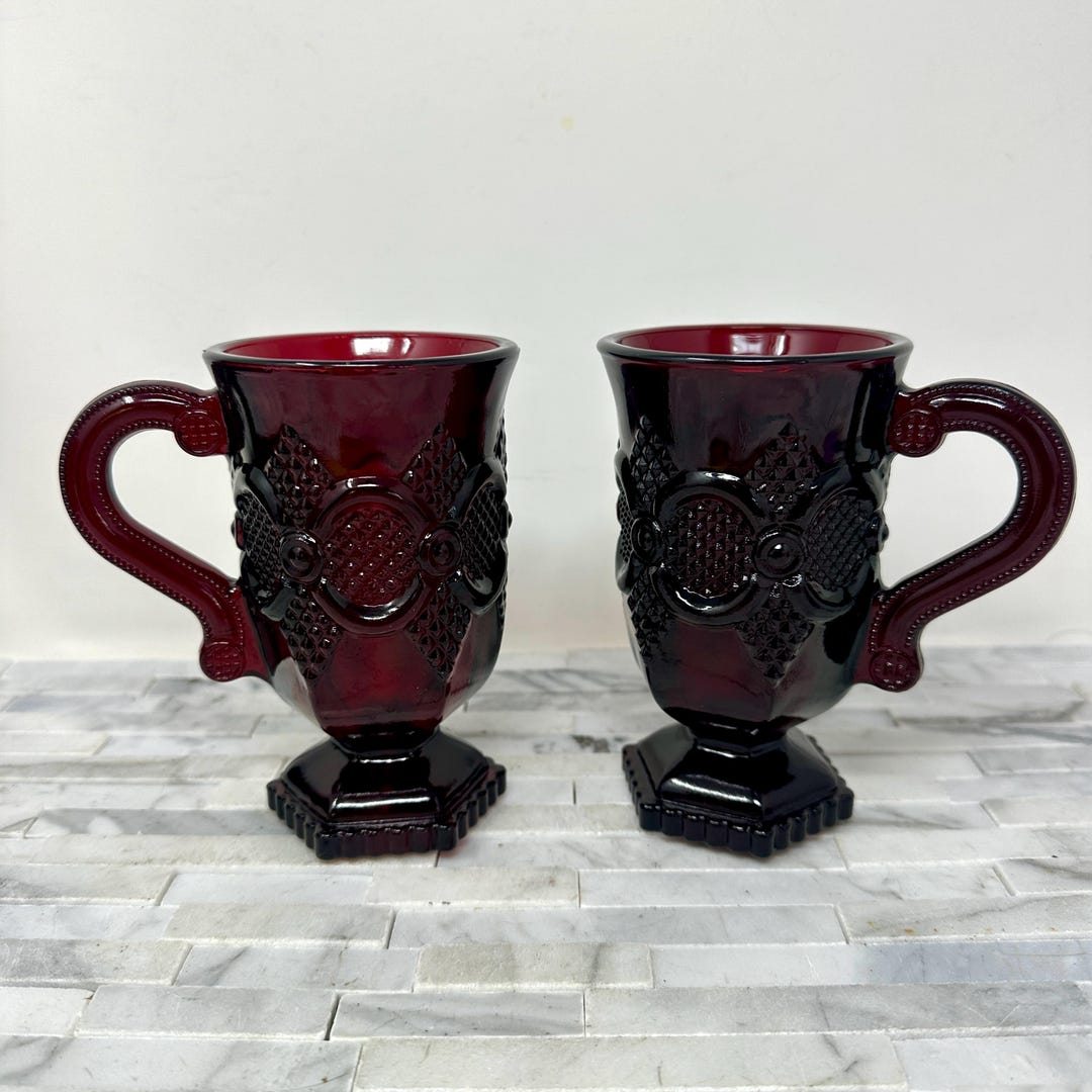 Avon Cape Cod Ruby Red Glass Pedestal Coffee Mug Cup Pair, Vintage ...