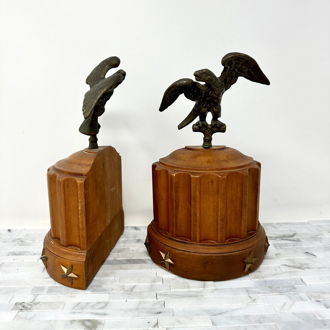 Wood Bookends Brass Eagle Finials, Vintage 1950s Mid Century Modern ...