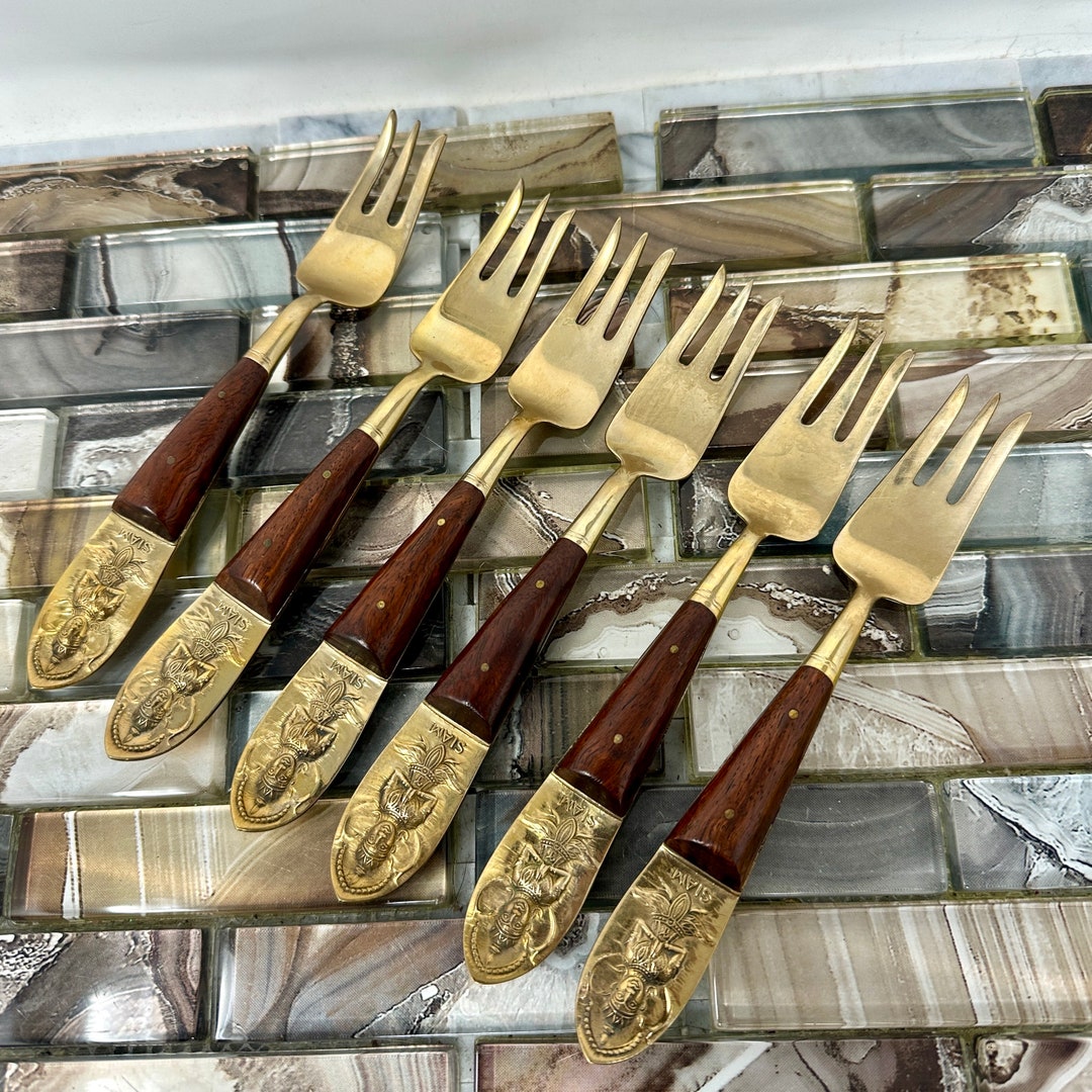 Thailand Bronze Rosewood Salad Forks Set 6 Siam Sitting Buddha Handles ...