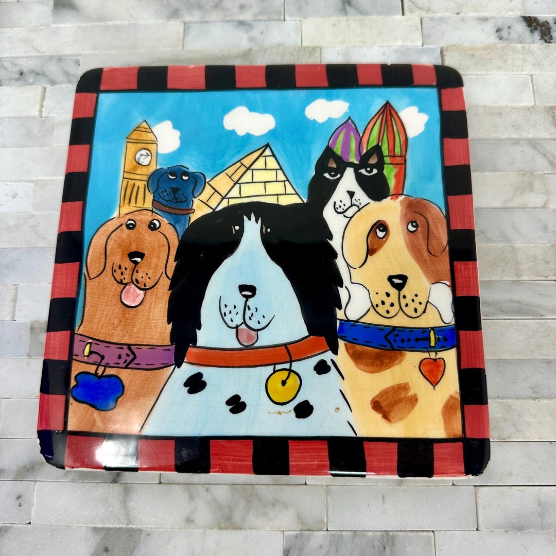Catzilla Candace Reiter Ceramic Cat Dog Tile Trivet 6", Vintage Hot ...
