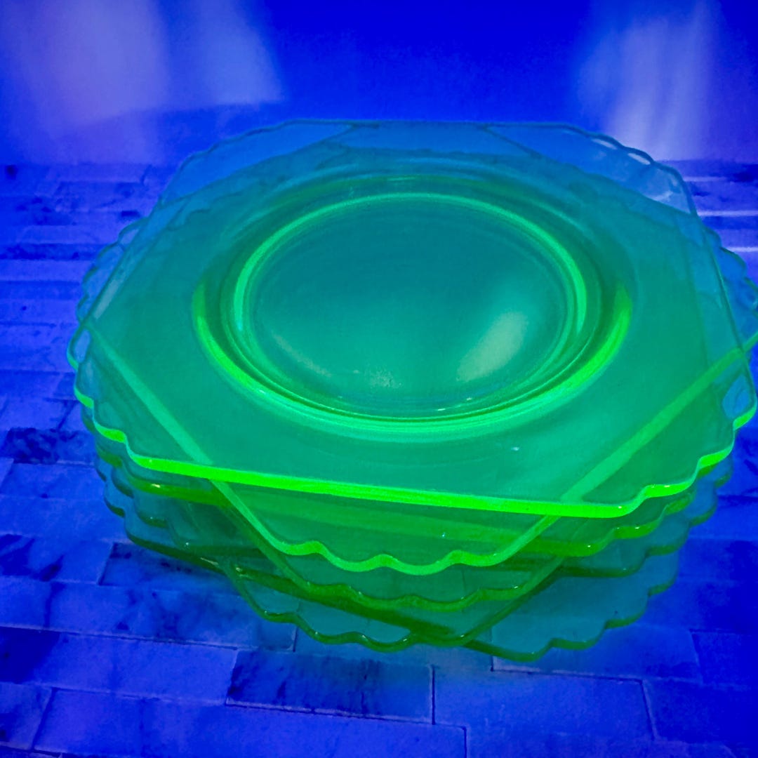 Fostoria Mayfair Uranium Green Lunch Plates 7", Vintage 1930s Light ...