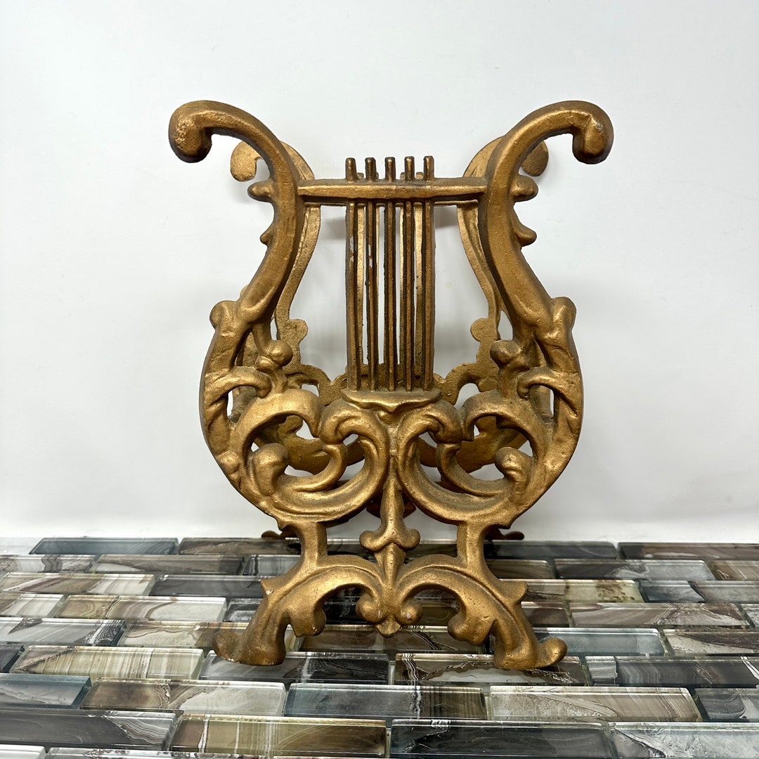 Metal Lyre Magazine Rack, Vintage 1960s 1970s Cast Metal Gold Stand 11 ...
