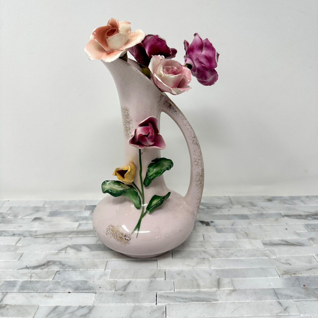 Pink Porcelain Ceramic Ewer Vase With Flowers , 3D Applied Flowers ...