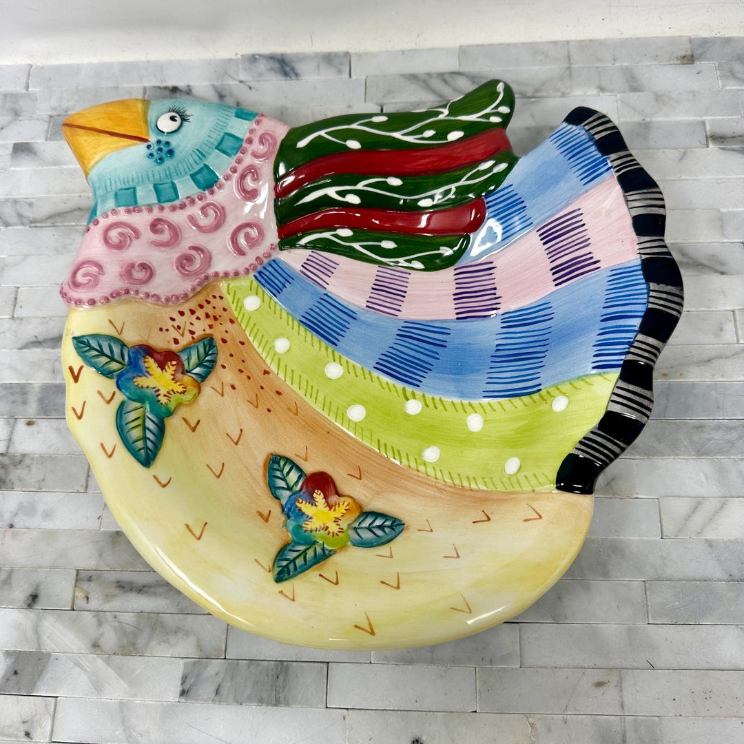 Fitz and Floyd Gypsy Chicks Plate, Vintage Ceramic Colorful Bird Kitchen Wall Hanging, Multi ...
