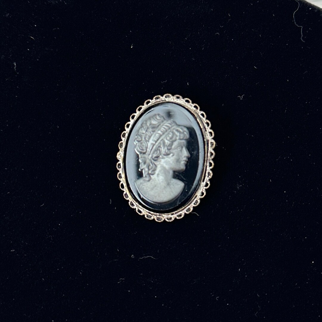 Black Raised Cameo Brooch, Vintage Black on Black Silver Tone Filigree ...