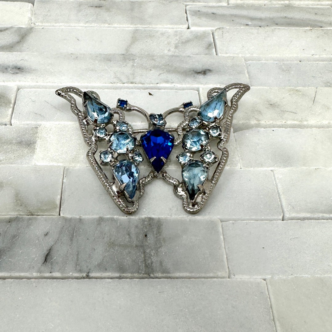 Weiss Blue Rhinestone Butterfly Brooch, Vintage Blue Silver Tone ...
