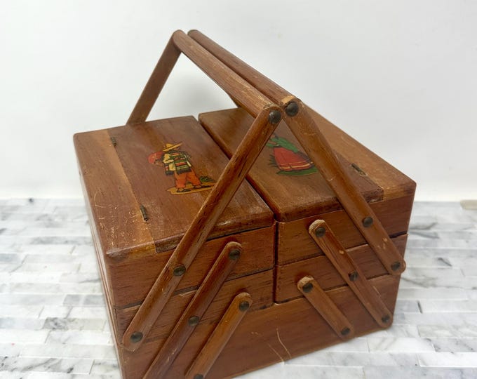 Wood 3 Tier Accordion Sewing Basket Box, Vintage Mexican Figural ...
