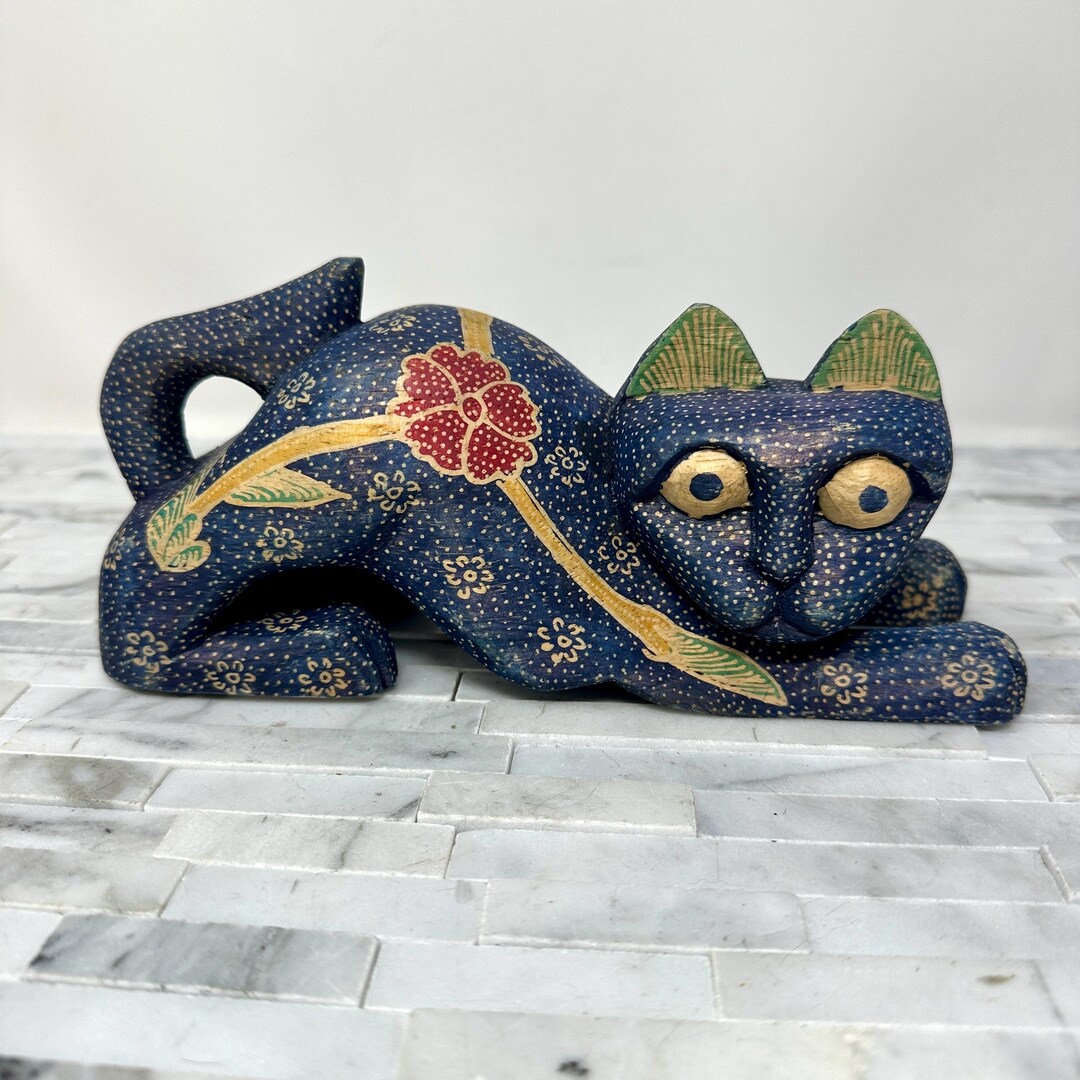 Blue Floral Folk Art Painted Wood Cat Figurine 8", Vintage Colorful ...