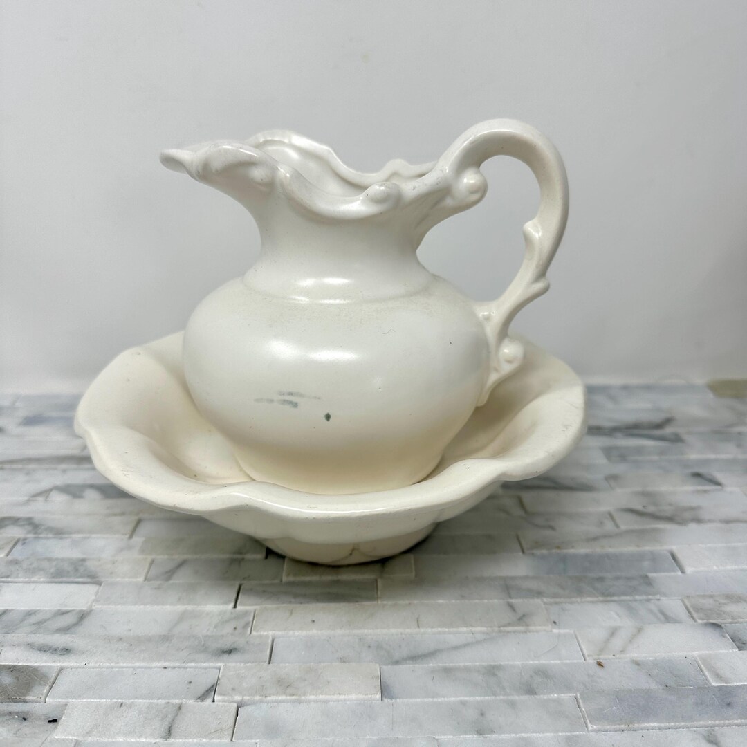 White Mccoy Pottery Pitcher Bowl Set, Vintage Satin Glaze Pitcher Bowl ...