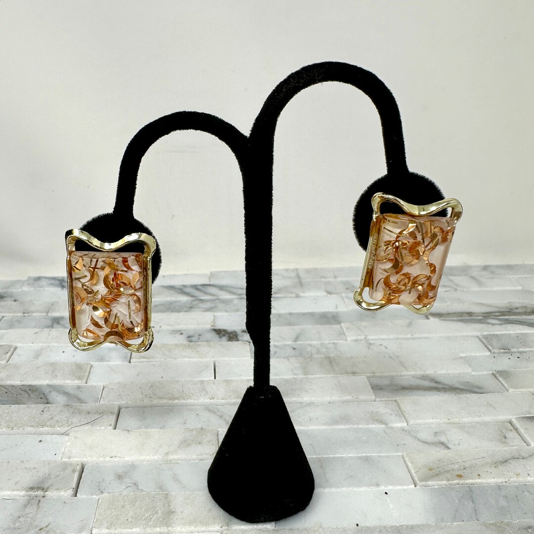 PAM Gold Confetti Lucite Square Clip Earrings, Vintage Midcentury Gold ...