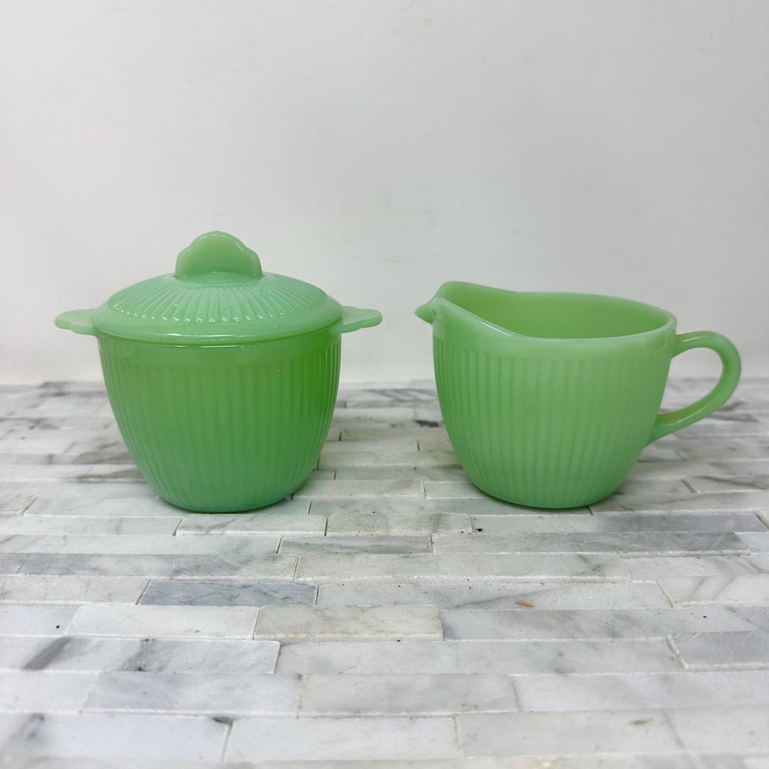 Fire King Jane Ray Jadeite Creamer Lidded Sugar Set, Vintage Anchor ...