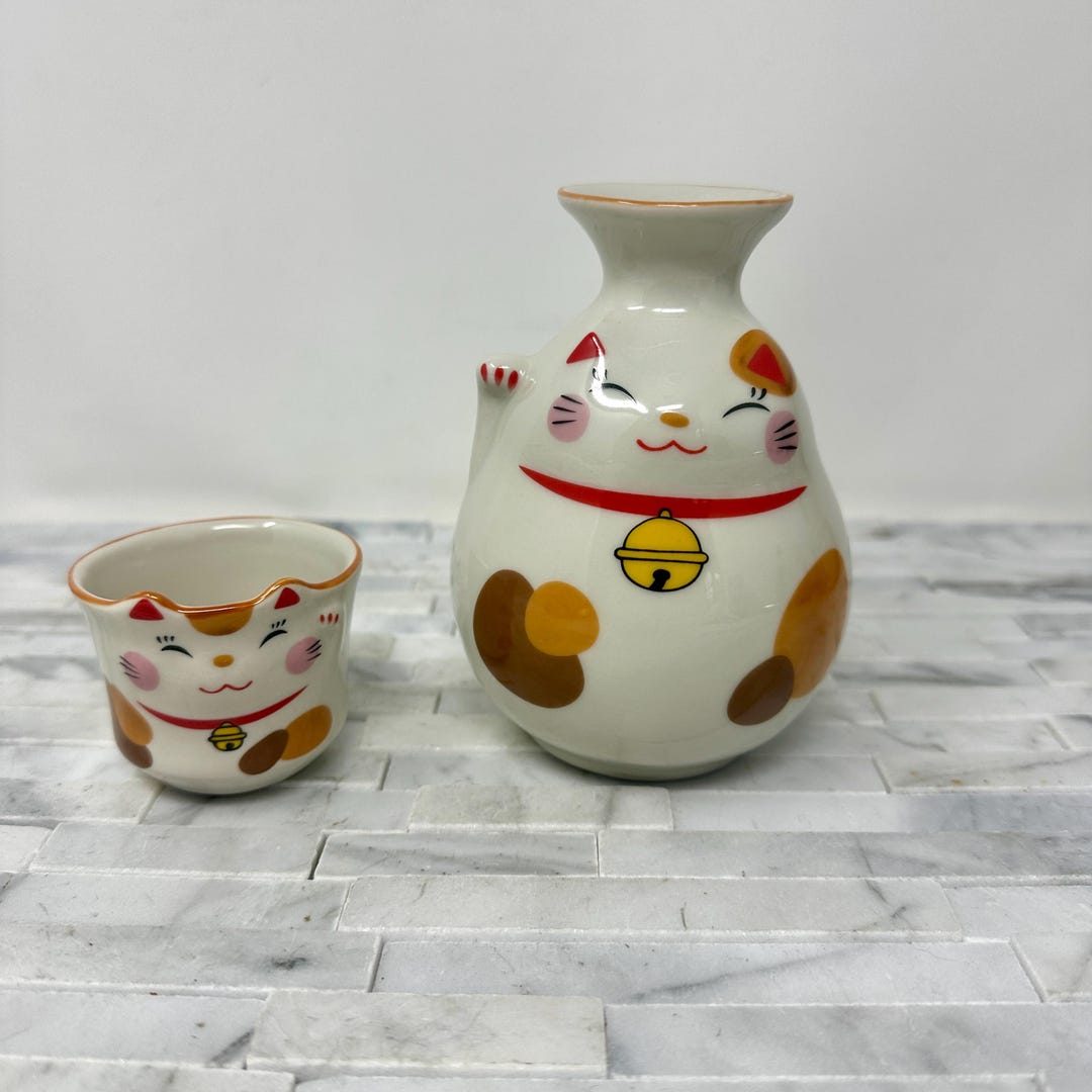 Maneki Neko Lucky Cat Sake Cup Bottle Set, Vintage White Ceramic ...