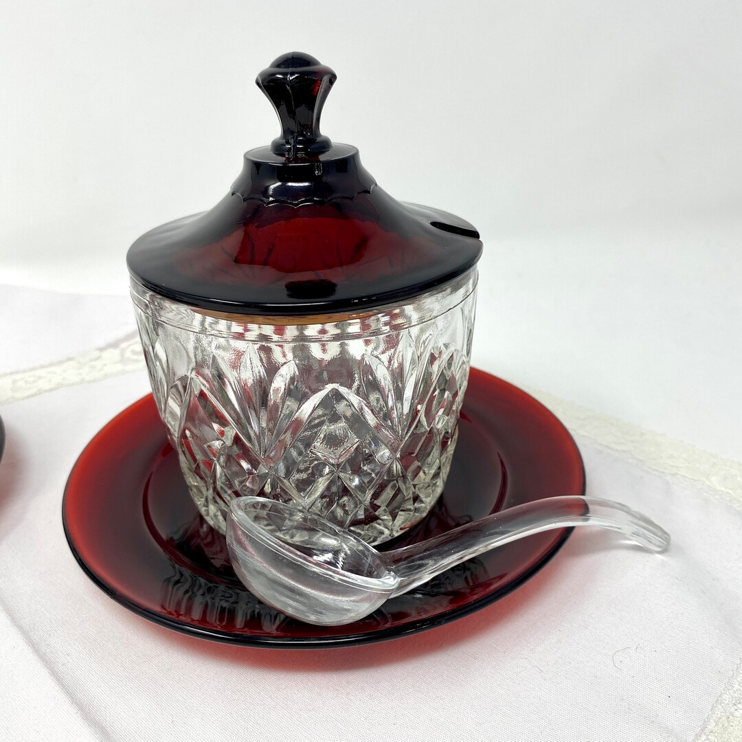Anchor Hocking Jelly Jar With Ruby Lid and Underplate, Vintage Pressed ...