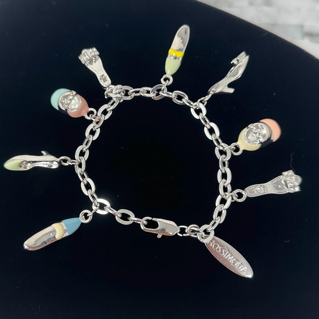 Rossi Moda Silver Tone Enamel Shoe Charm Bracelet 8 Charms 7 1/4 ...