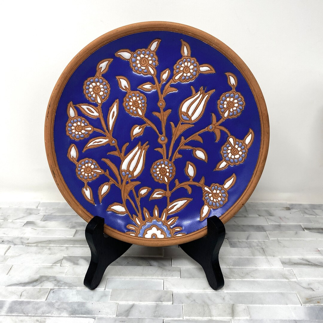 Bonis Pottery Blue Floral Plate, Enameled Red Clay 7 1/4 Decorative ...