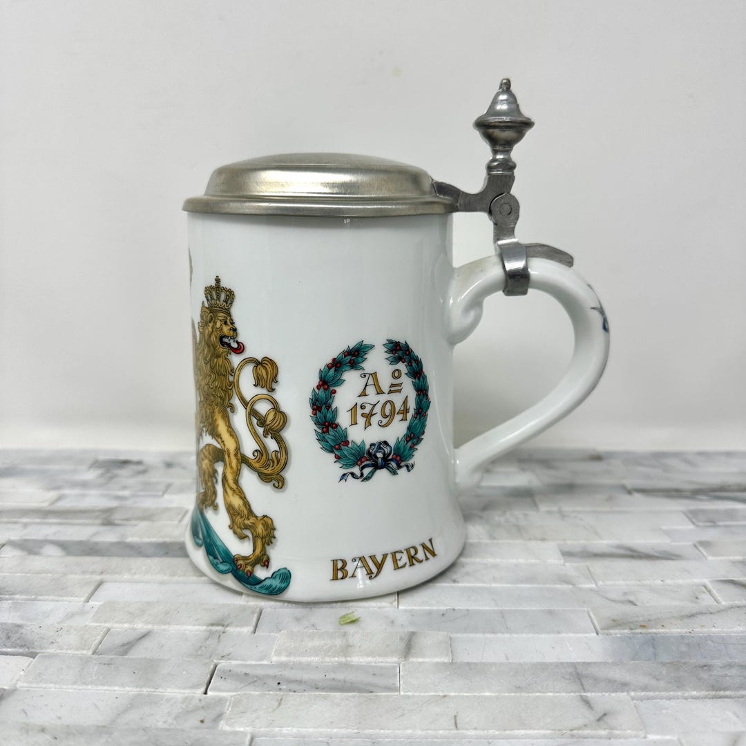 Schrobenhausen Bayern Beer Stein, Vintage White Lion Crest Zinn Pewter ...