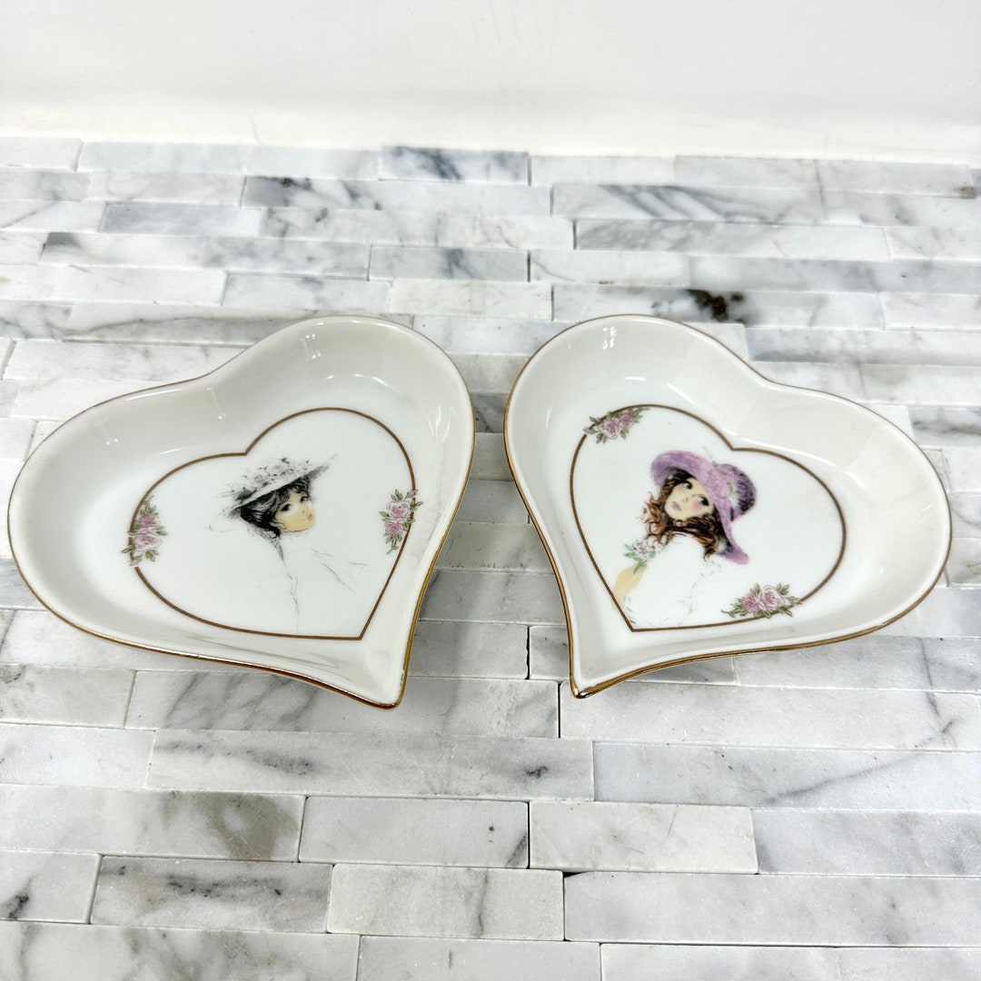 Vintage Enesco Look of Love Heart Trinket Dish Pair, Vintage Porcelain ...