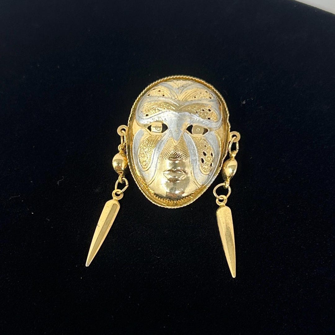 Venetian Theatre Mask Brooch Pin, Vintage Silver Gold Tone Drama ...