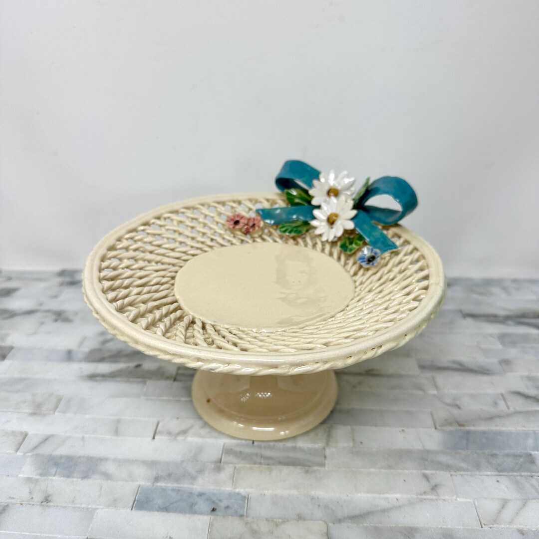 Italian Lattice Floral Pedestal Compote Dish, Vintage Italy Decorative ...