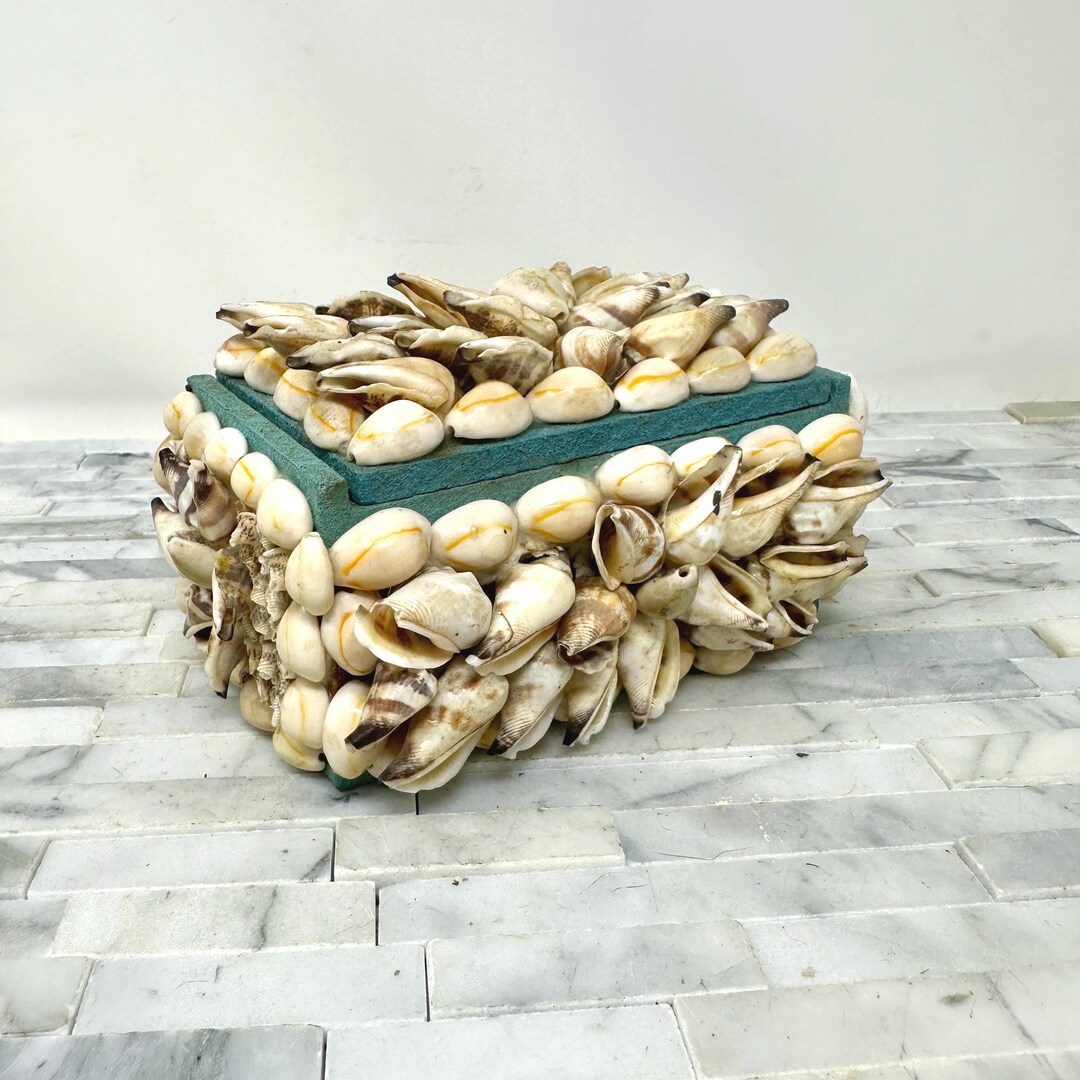 Seashell Jewelry Trinket Box, Vintage Shell Encrusted Rectangular ...