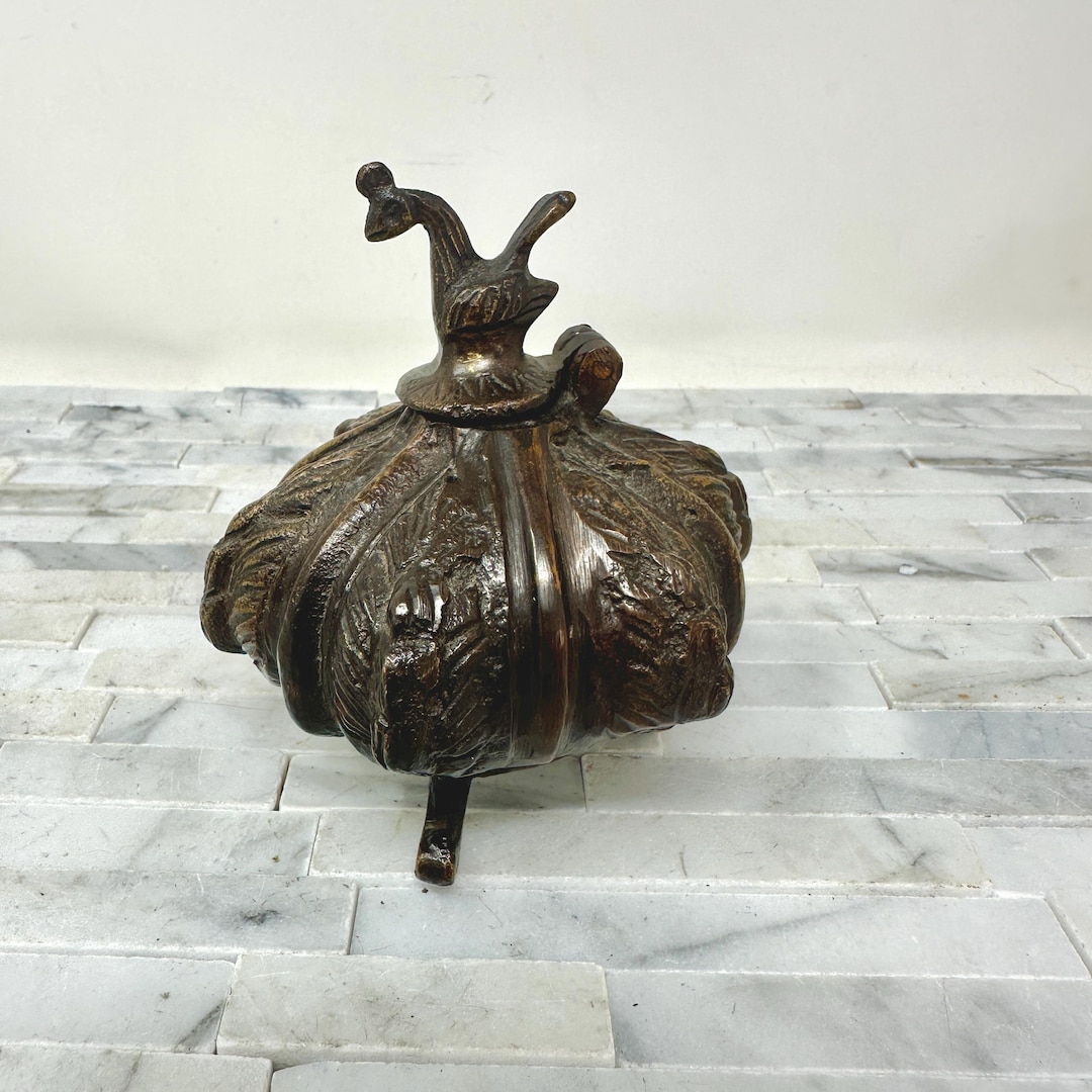 Heavy Bronze Round Footed Inkwell Peacock Bird Finial, Vintage Dark ...