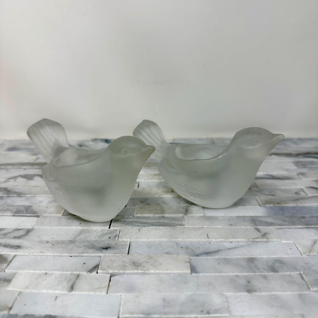 Frosted Glass Bird Candlestick Holder Pair, Vintage Satin White Sparrow ...