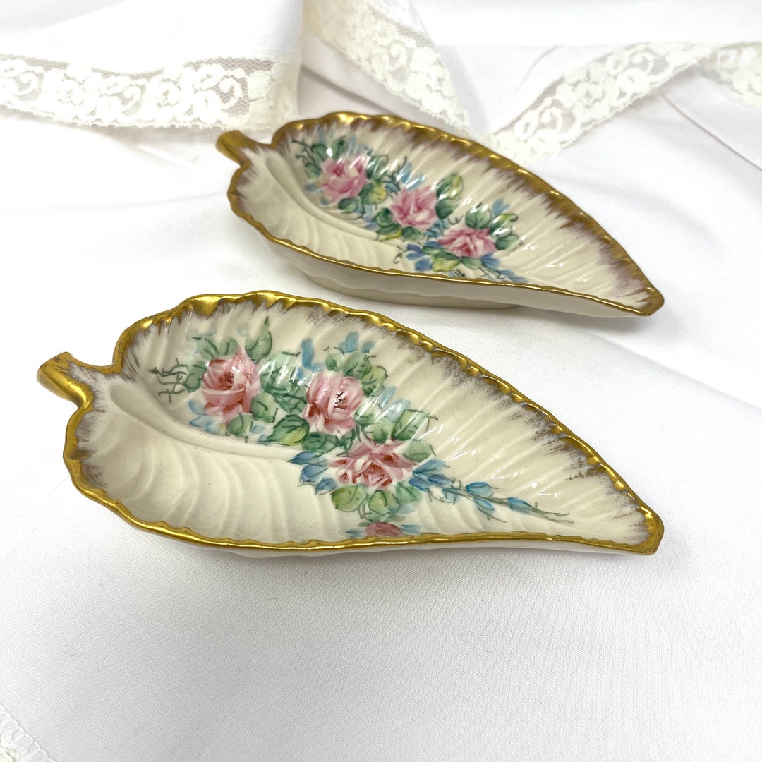 Antique Porcelain Trinket Dish, Leaf Shape Gold Rim Hand Painted Pink ...