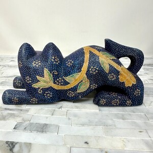 Blue Floral Folk Art Painted Wood Cat Figurine 8, Vintage Colorful ...