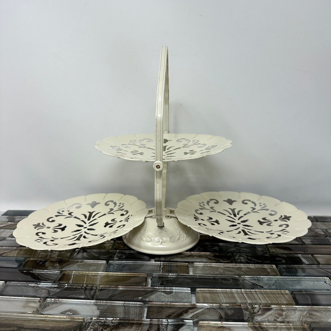 3 Tier Folding Dessert Tidbit Snack Tray, off White Cream Enamel Metal ...