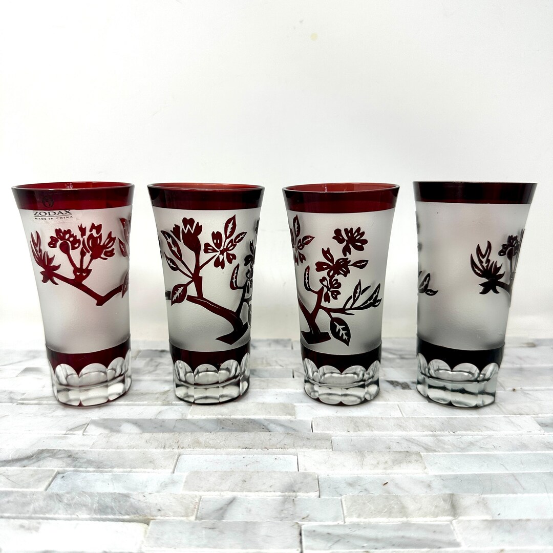 Zodax Ruby Frosted Shot Glasses Set Of 4 Red Floral Clear Frosted 4 18 Tall Shot Glasses