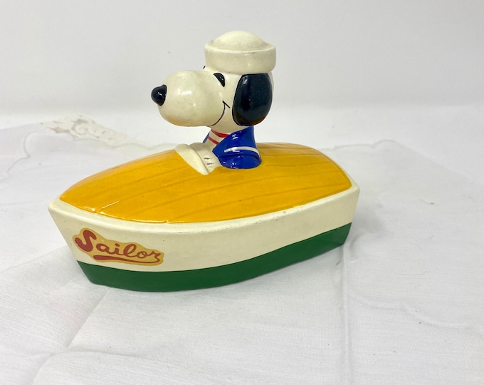 Snoopy Sailor Bank, Vintage 1970s Ceramic Snoopy in Yellow Green Boat ...
