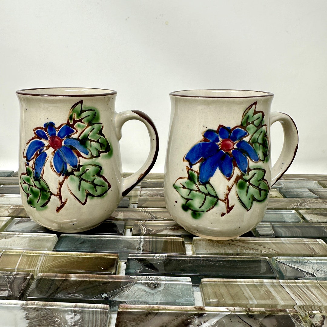 COTC Korea Blue Flower Coffee Mugs Pair , Vintage Stoneware Pottery ...