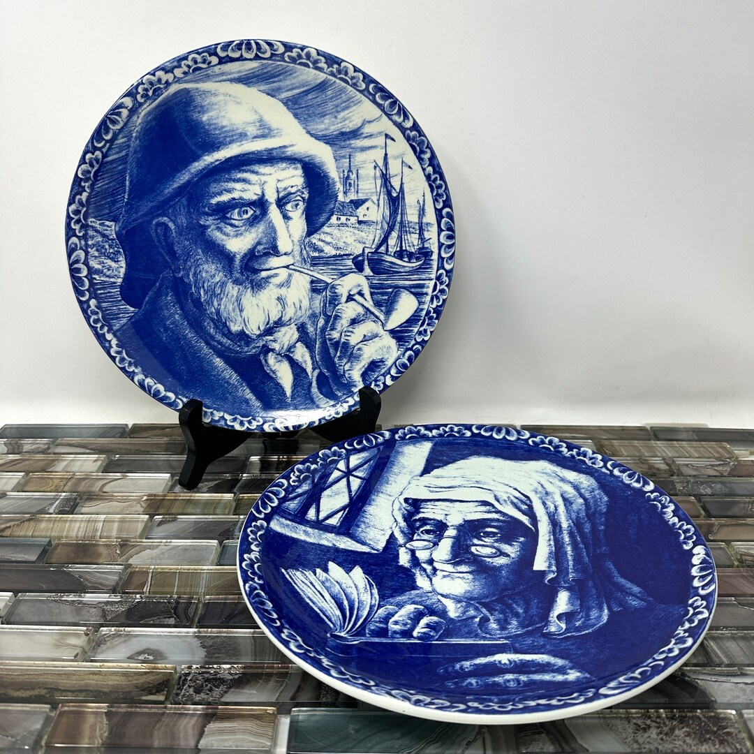 Delfts Boch La Louviere Old Sailor Waiting Wife Wall Plate Set 9 3/4 ...