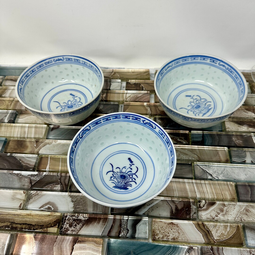 Tienshan White Blue Ceramic Rice Bowls Set 3, Vintage Chinese Jingdezen ...